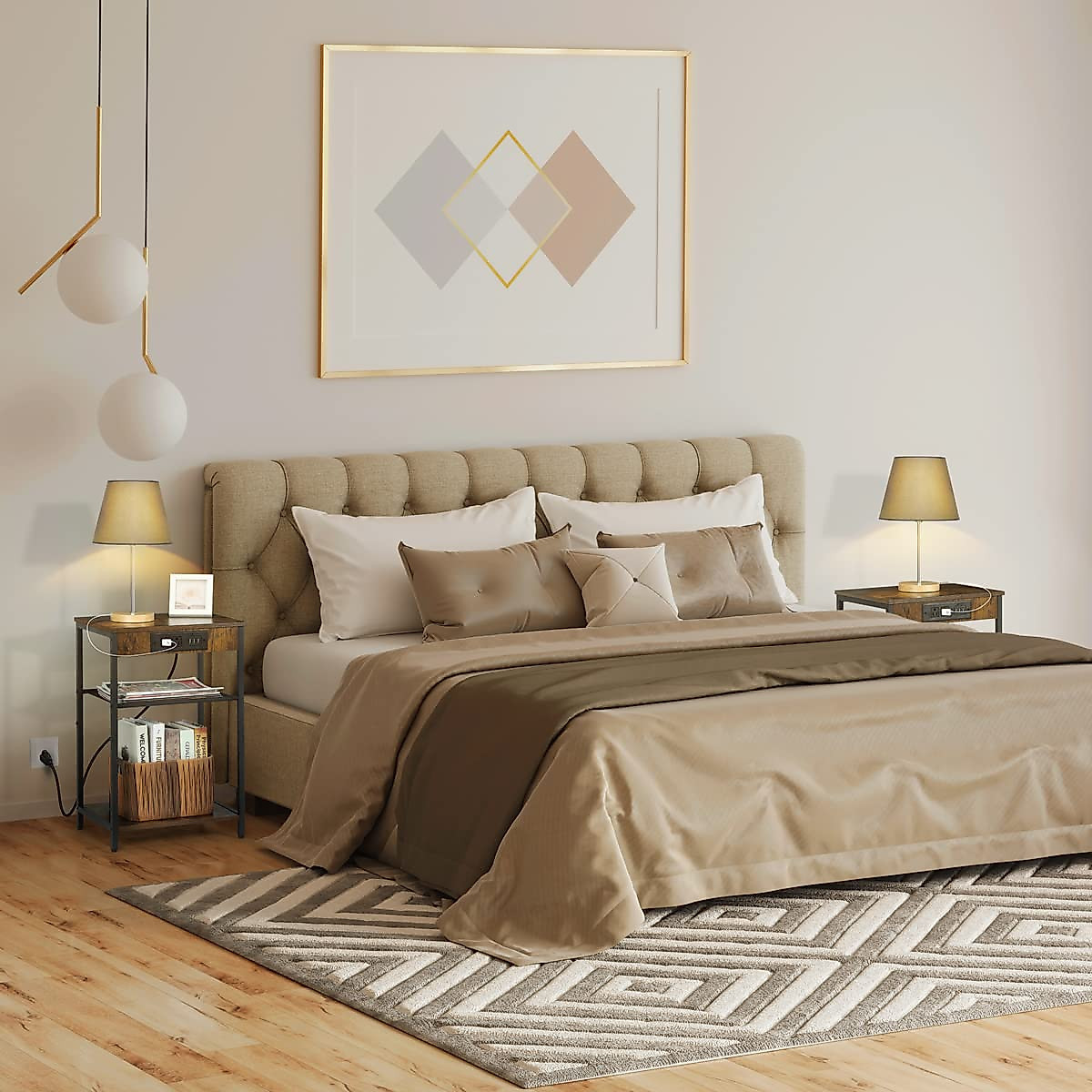 melos Nightstand with Charging Station, 3 Tier End Table with USB Ports & Power Outlets, Narrow Side Table for Small Spaces, Bedside Tables for Bedroom, Living Room, Rustic Brown