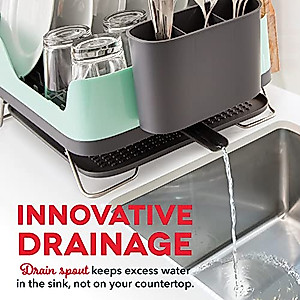 DASH SmartStore™ Full Size Dish Rack – Plates, Cups, Utensil Holder, Knife Slot, Drainage Spout + Drying Mat – Aqua
