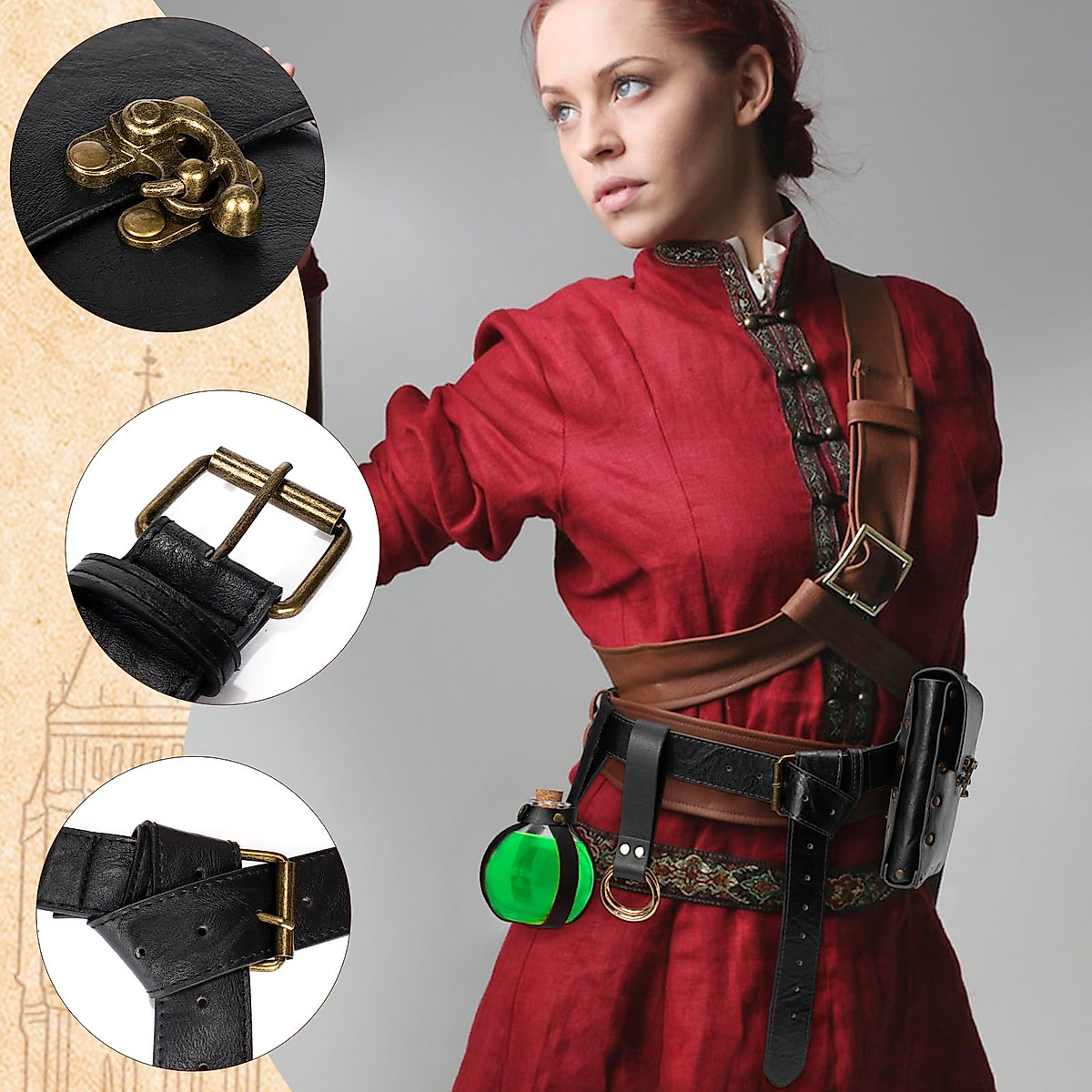 Magibag Renaissance Belt Pouch Waist Bag Pouch Skirt Hike Medieval Bag Ren Faire Costume Accessories for Halloween (Potion Bottle-Black)