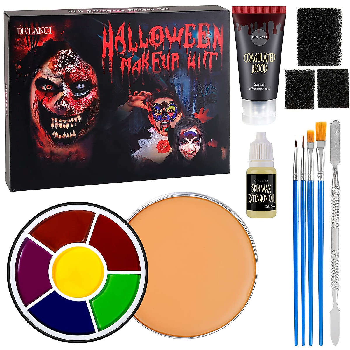 DE'LANCI SFX Makeup Kit,All-In-1 Professional Special Effects Halloween Makeup Set,Face Body Paint,Brush,Fake Scar Wax,Fake Blood,Sponge,Spatula,Cosplay Wound Molding Stage Zombie Makeup for Kid Adult