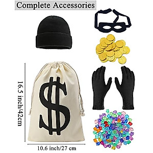 Adult Robber Costume Men Striped T-Shirt Bank Burglar Thief Cop and Robbers Cosplay Halloween Costumes with Accessories Hat Mask Canvas Money Bag Gloves Gem Gold Coin EN035M