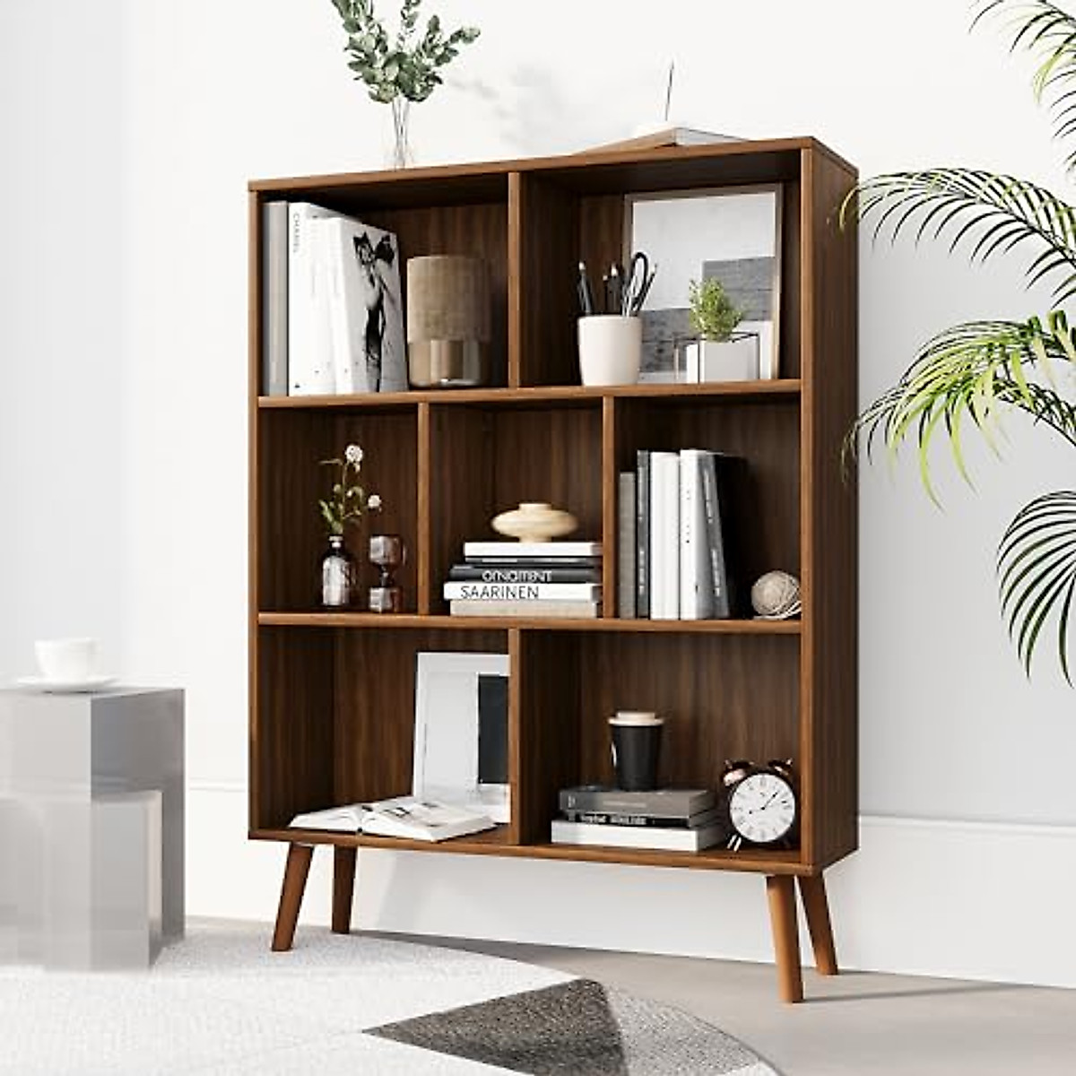 DIFY Wooden Bookcase 7 Cube Open Bookcase with Legs, Display Bookshelves Storage Organizer Shelf for Living Room, Home Office and Bedroom, Walnut