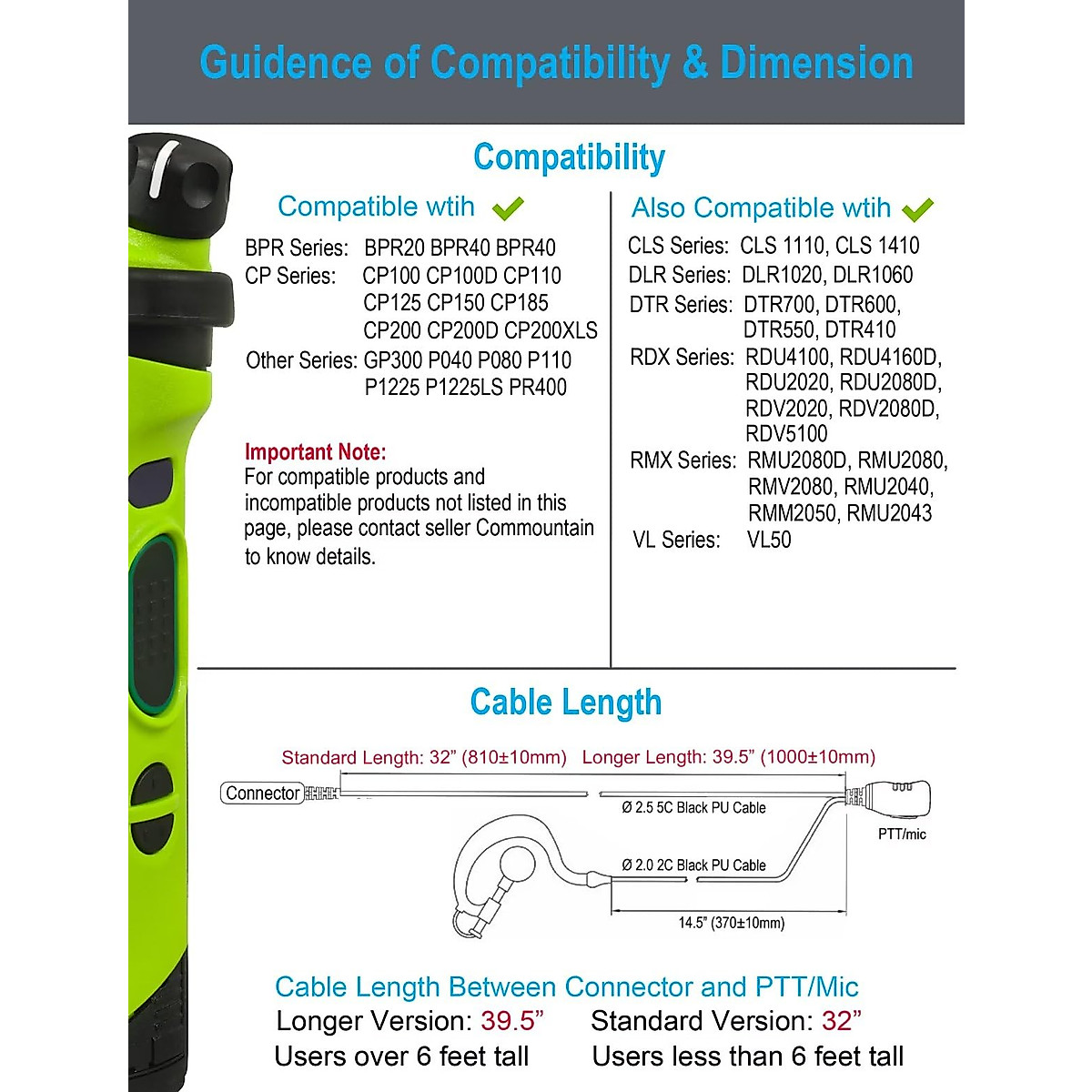 commountain CP200D CP100D Earpiece Compatible for Motorola Radios R2 CP200 CP185 BPR40 BPR40D CLS1410 CLS1110 DTR700 DTR650 RDU4100 RDU4160D RMU2040 RMU2080D CLS CP, G Shape Earhook Headset Ear Piece