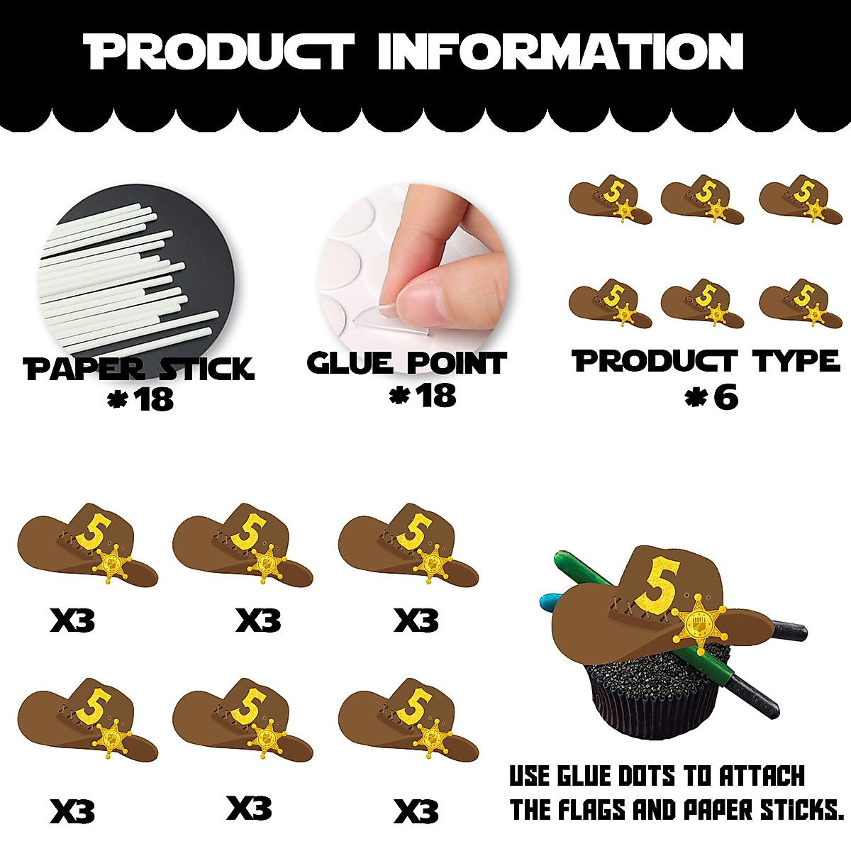 18pcs Gold Glitter Cowboy Hat 5 Dessert Cupcake Topper Cow Country Western Bull Riding Bull Rider Competition Theme Decor Supplies Boy Girl Happy 5th Birthday Party Decorations