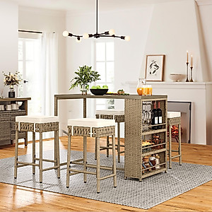 YITAHOME 5 Piece Patio Bar Set, Outdoor High Top Table and Chairs with Wine Glass Holder and Soft Cushions, Outdoor Wicker Furniture for Backyard, Garden Yard, Balcony, Beige Rattan