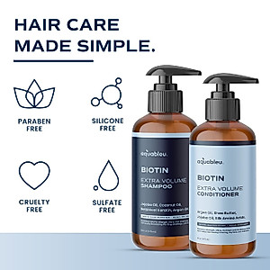Aquableu Biotin Volumizing Shampoo & Conditioner Set – Natural Thickening & Volume For Thicker Fuller Hair - Promotes Healthy Hair Growth - Includes Coconut, Keratin, Argan & Jojoba Oil – Sulfate Free