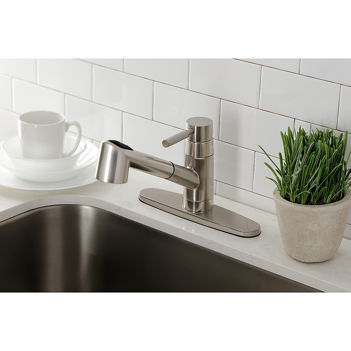 Kingston Brass GSC8578DKL Kaiser Pull-Out Sprayer Kitchen Faucet, Brushed Nickel, 10.38 x 8.75 x 8.81