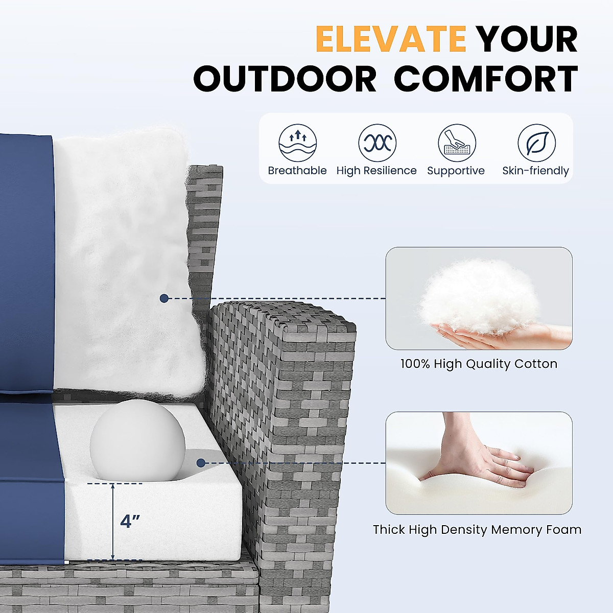 Amopatio Outdoor Cushions for Patio Furniture, 22x22 Outdoor Chair Cushions with Waterproof & Fade Resistant Cover, Deep Seat Replacement Patio Cushions with Adjustable Straps & Handle, Navy Blue