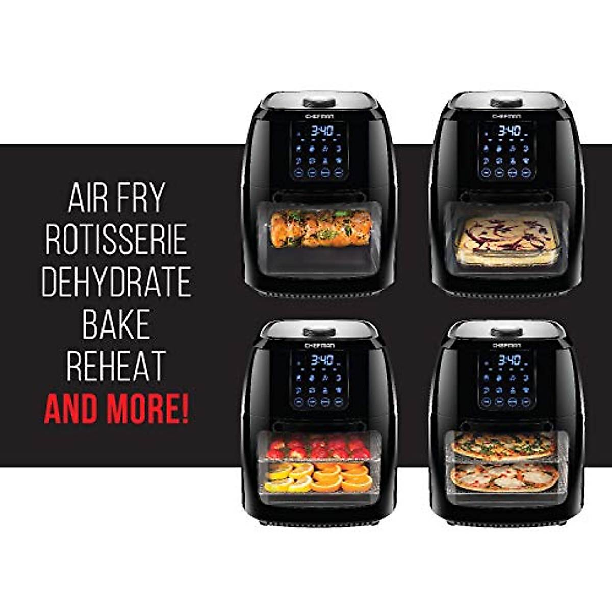 Chefman 6.3-Qt 4-In-1 Digital Air Fryer+, Rotisserie, Dehydrator, Convection Oven, XL Family Size, 8 Touch Screen Presets, BPA-Free, Auto Shutoff, Accessories Included, Black