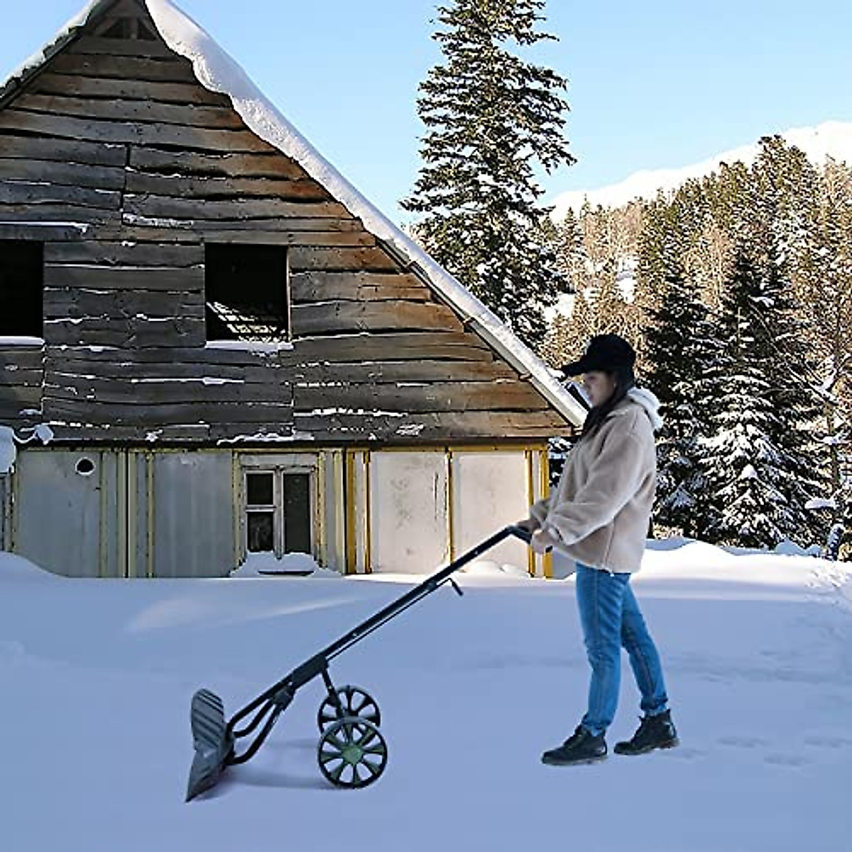 Gardenised Extra Wide 36 in. Snow Shovel Plow Pusher Remover with Large Rugged Wheels, Heavy Duty, Black