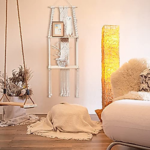 Macrame Wall Hanging Shelf, 2 Tier Boho Wall Shelves with Handmade Woven Rope, White Hanging Wall Shelf Bedroom Decor Wooden Hanging Storage Floating Shelves for Kitchen Living Room