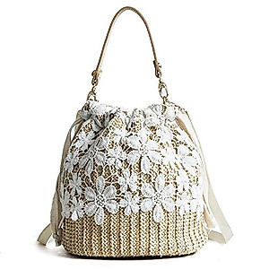 FENBEN Bamboo Handbag, Beach Purse Half Moon Bag, Straw Lace Woven Travel Sling Bag Shoulder Crossbody Bag for Women, Beige, One Size