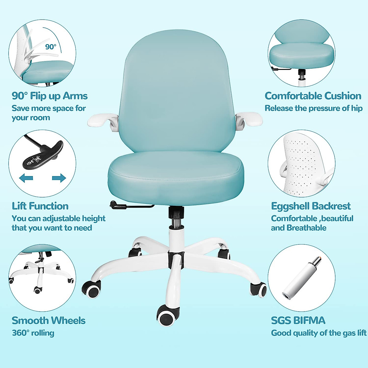 SeekFancy Kids Desk Chair Pego300, Blue Study for Boys Girls with Eggshell Design Backrest, Ergonomic Growing Teen Office Flip up Arms and Wheels, Pu Leather Task Chair…