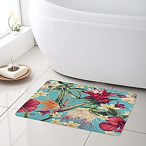 LB Vintage Tropical Flower Bathroom Rug Green Hawaiian Island Plant Bath Mat Red Hibiscus Orchid Floral Doormat Non Slip Memory Foam Super Absorbent Floor Mats,24x16 Inch