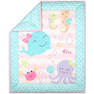 The Peanutshell Sea Sweeties Pink and Blue Crib Bedding Sets for Baby Girls | 4 Piece Nursery Set | Crib Comforter, Fitted Crib Sheet, Crib Skirt with Plush Whale