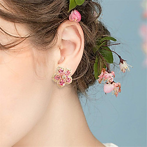 DAMLENG Handmade Chic Boho Pink Rhinestone Flower Statement Stud Earrings with Gold Flower Bud for Women Sister Mom Lover and Friends (Pink)