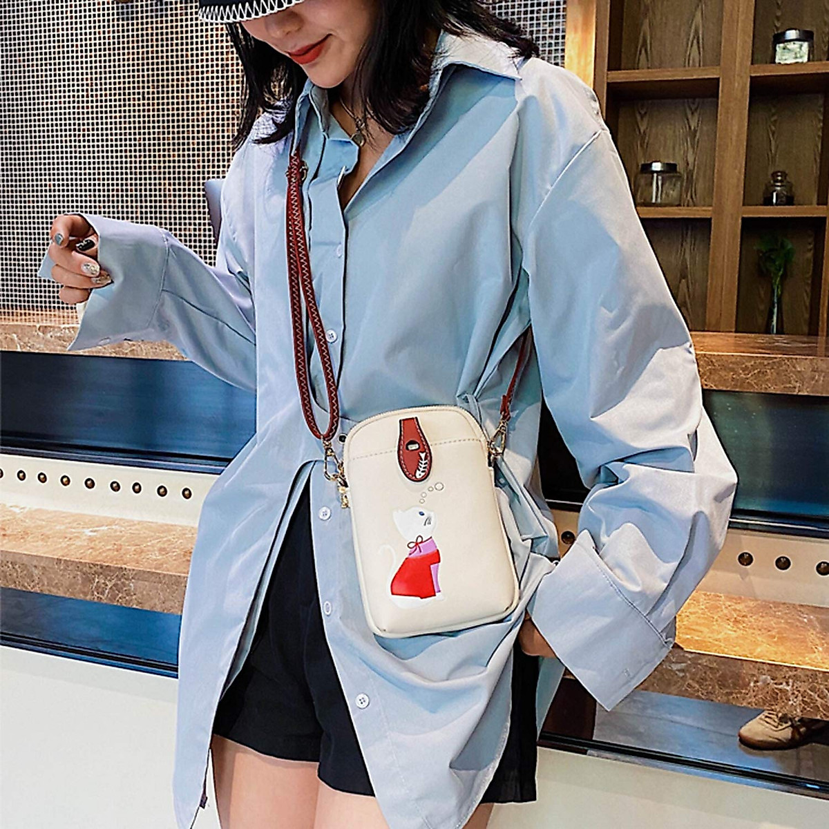 Small Crossbody Phone Bag for Women Leather Cute Cat Cellphone Purse Shoulder Bags PU Wallet (Off White)