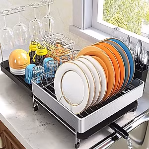 KINGRACK Dish Drying Rack - Extendable Dish Rack - Durable Stainless Steel Dish Drainer for Kitchen Counter with Drainboard Set, Swivel Spout,Utensil Holder