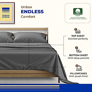 THREAD SPREAD 100% Pure Egyptian Cotton Sheets Queen Size - 1000 High Thread Count Sheets Queen, 4 PC Luxury Hotel Sheets for Queen Bed, 16" Deep Pocket Sateen Soft Cooling Bedding Sets - Dark Grey
