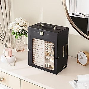 HOOBRO Jewelry Box with Mirror, Jewelry Organizer Box with Glass Window, Vertical Storage, Christmas Gift, Gift for Loved Ones, for Earrings, Rings, Necklaces, Bracelets, Black BK03JB04G2
