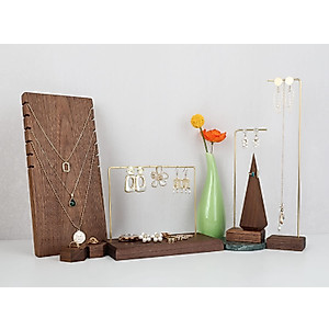 GemeShou Walnut Brass Jewelry Storage Display, Wooden earring organizer for dangle hoop hook, Earring display stands for boutique Closet show【Walnut U Shelf Height 5.91"-Big】