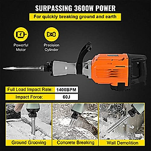 Mophorn 3500W Jack Hammer Demolition, Heavy Duty Electric Concrete Breaker Lock Speed Button 1400 BPM Chipping Hammer with Flat Chisel & Bull Point Chisel & Gloves