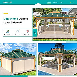 MELLCOM 12' x 14' Hardtop Gazebo, Wooden Grain Coated Aluminum Frame Outdoor Gazebo with Double Roof, Claret Metal Curtains and Nettings for Patios, Gardens, Lawns Green