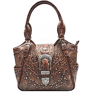 Western Style Tooled Leather Floral Women Conceal Carry Purse Buckle Handbags Country Shoulder Bags Wallet Set Brown