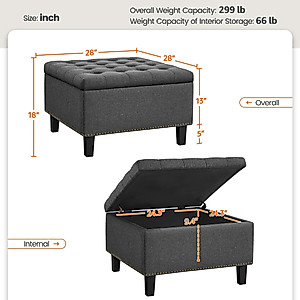 Yaheetech Ottoman with Large Storage, Multifunctional 28-inch Storage Bench, Bedroom Bench Foot Rest with Cushion as Footboard Bench, Sofa Bench, Coffee Table for Living Room Entryway Gray