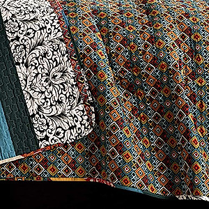 Lush Decor Boho Stripe Quilt Reversible 3 Piece Bohemian Design Bedding Set - King - Turquoise and Tangerine