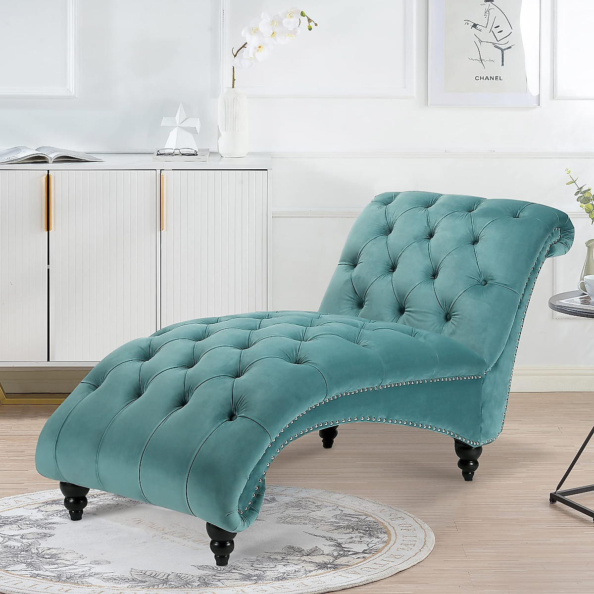 Chaise Lounge Indoor, Lounge Chair with Nailhead Trim for Bedroom, Fabric Tufted Chase Sofa Indoor, Comfortable Home Chaise Longue for Living Room Furniture Lounges(Green)