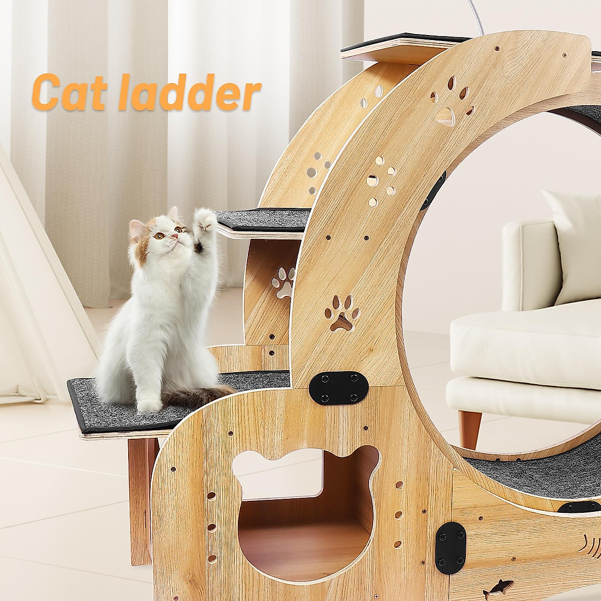 Rovibek Cat Exercise Wheel Indoor Cat Treadmill 4 in 1 Ultra Quiet Cat Running Wheel Exerciser for Indoor Cats with Climbing Ladders Cat Bowls Silent Roller, Solid Wood, Fits Most Cats