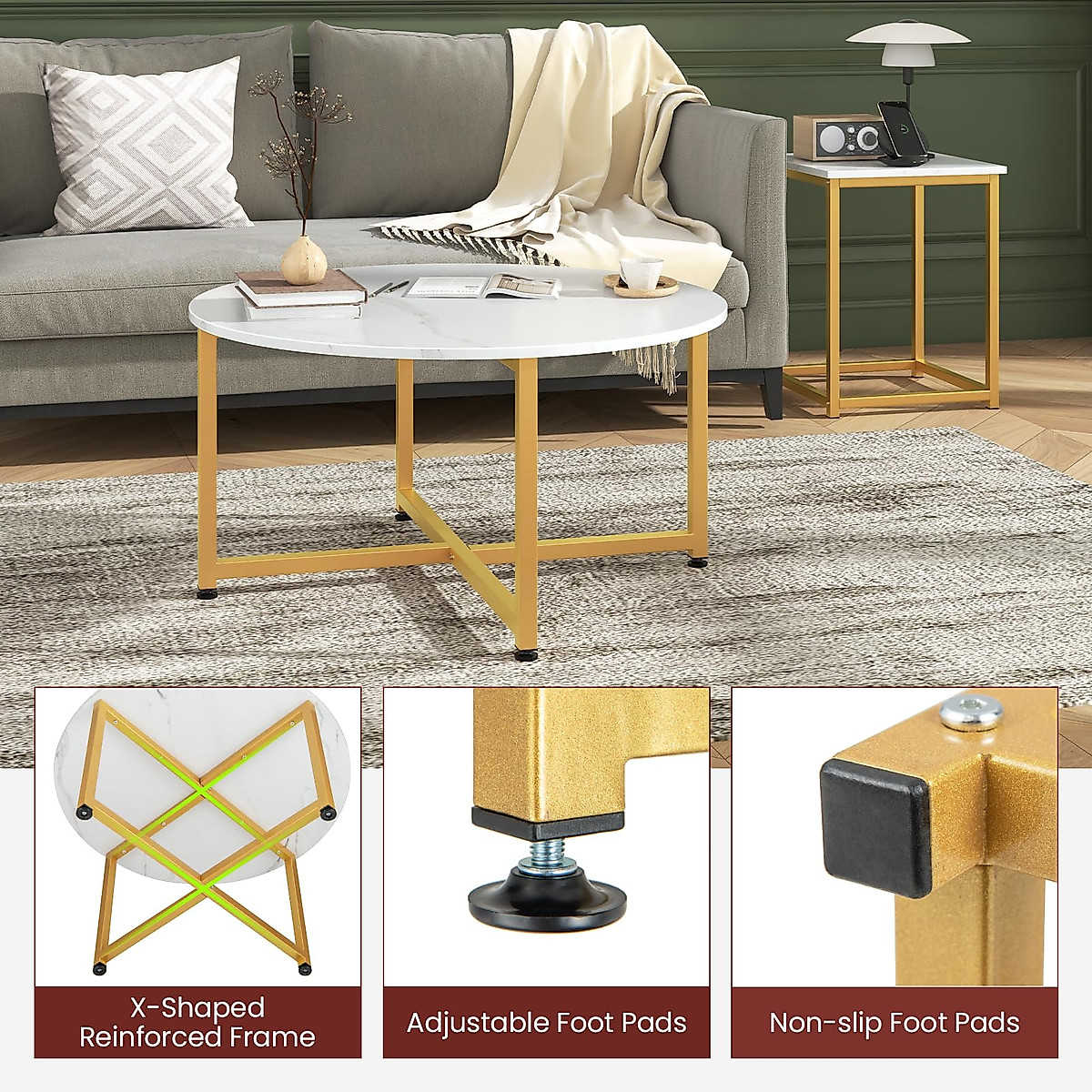 Giantex Round Nesting Table Set of 3, Modern Faux Marble Coffee Table w/2 End Tables, Sturdy Metal Frame, 3-Piece Wooden Living Room Table Set for Home Office, Apartment (White & Gold)