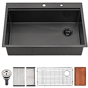 30 Inch Black Drop in Kitchen Sink Workstation, Jshozzy 30x22 Drop-in Top Mount Kitchen Sink Stainless Steel Black Kitchen Sink Single Bowl Deep Kitchen Sink with Offset Drain
