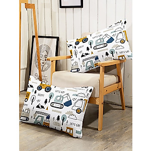 Datura home Woodland Construction Sheets Set 4Pcs for Kids,Cartoon Excavator Truck Lifter Print Sheet Set with 1 Flat Sheet and 1 Fitted Sheet + 2 Pillowcases(Woodland Construction Full)