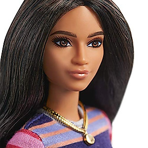 Barbie Fashionistas Doll #147 with Long Brunette Hair Wearing Striped Dress, Orange Shoes & Necklace, Toy for Kids 3 to 8 Years Old