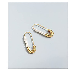 Retro Pearl Safety Pin Cartilage Hoop Earrings for Women Girls Stainless Steel Imitation Pearls Cute Hoops Dangle Drop Fashion Hypoallergenic Jewelry Gifts 25mm (Gold)