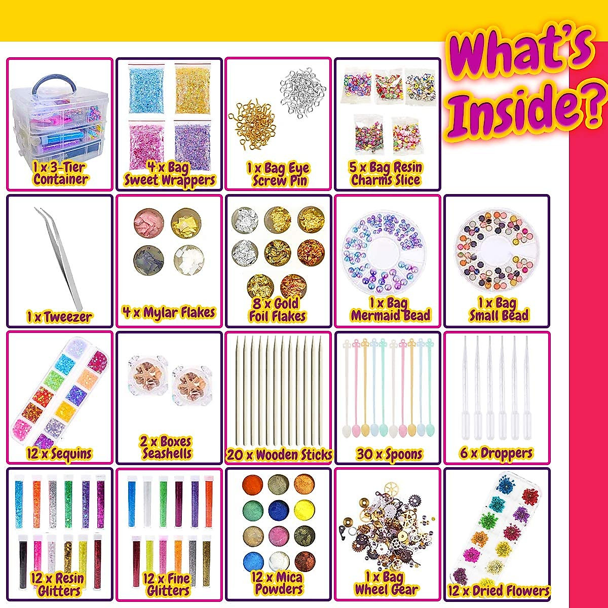 Catcrafter Resin Decoration Accessories Art Kit - All in One Package Resin Molds Silicone Kit Bundle Jewelry Making Supplies for Beginners with Dried Flowers Craft Glitter Nail Gems DIY