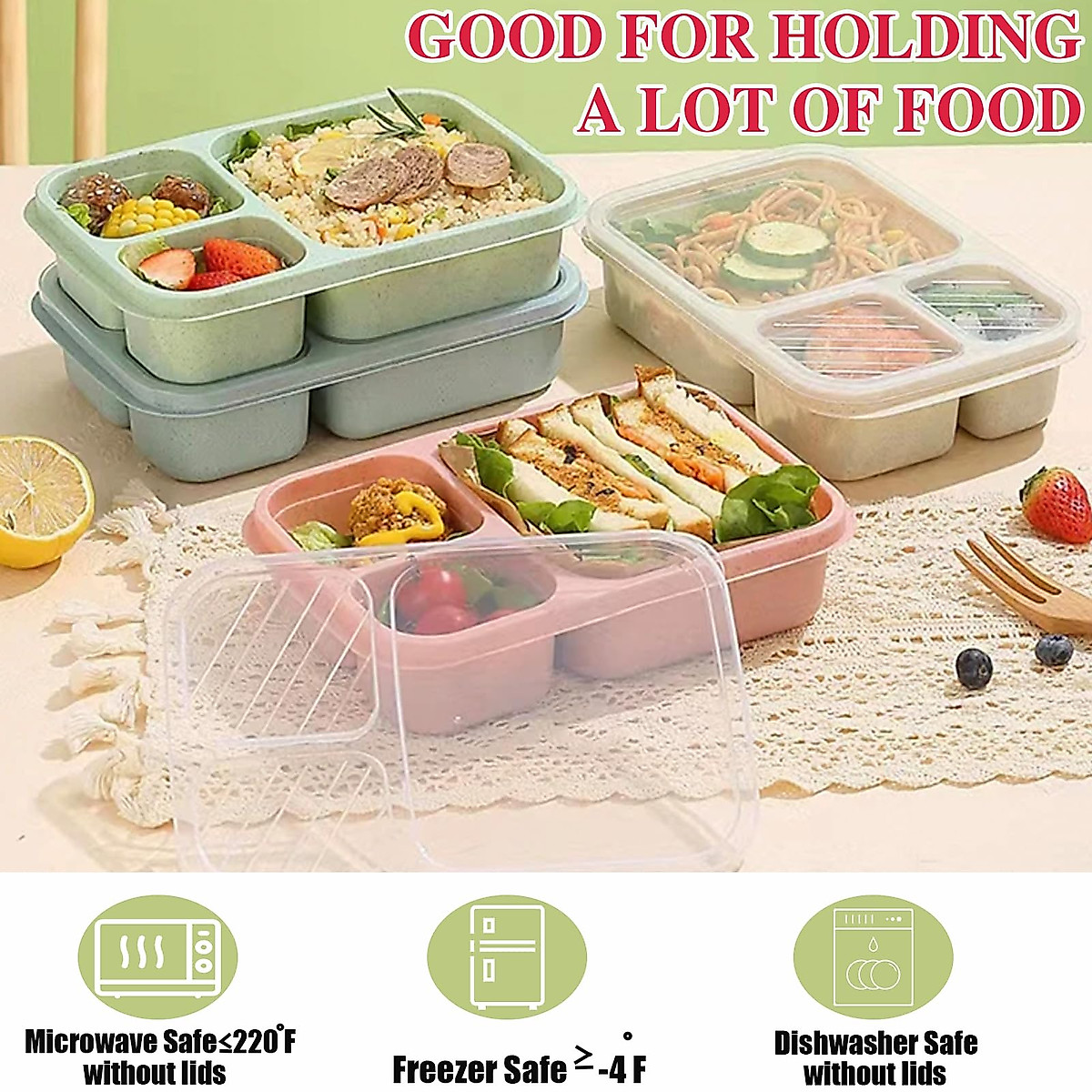 TOTDTDA 12 Pack Bento Box, 3 Compartment Lunch Box Containers, Wheat Straw Reusable Food Storage Containers, Freezer Microwave and Dishwasher Safe Snack Containers for Work School and Travel