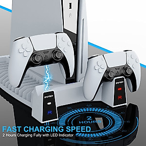 PS5 Vertical Stand Cooling Fan for PS5 Console and Playstation 5 Digital Edition, PS5 Accessories Stand with Dual Controller Charging Station, 2-in-1 Cable and 15 Game Storager