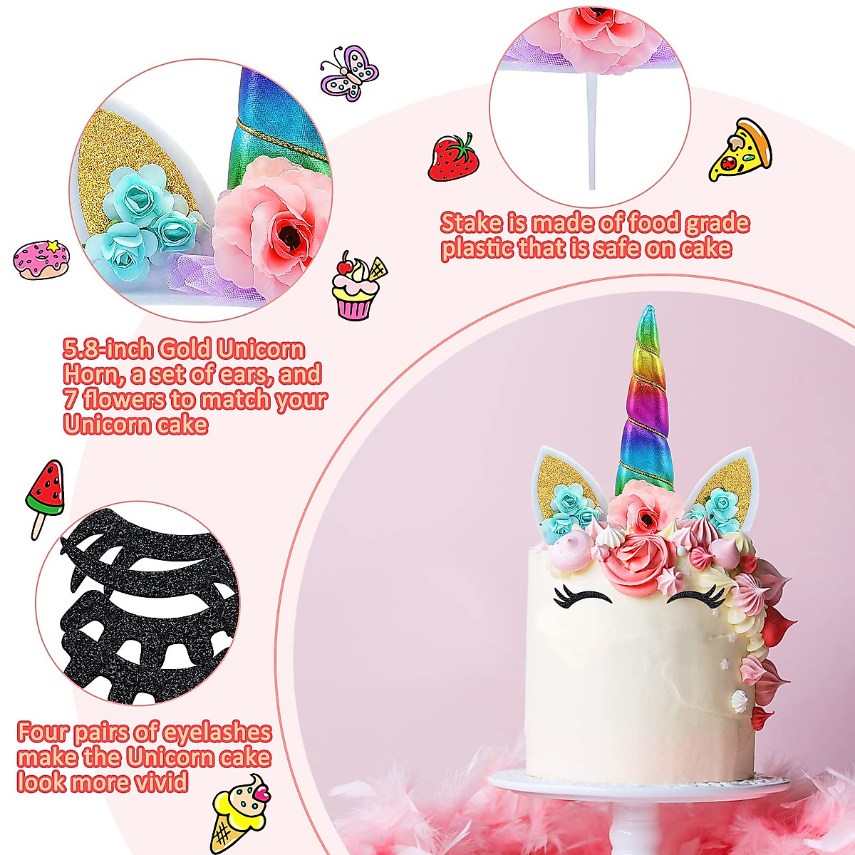Unicorn Cake Topper Handmade Rainbow Horn Unicorn Cake Topper Unicorn Happy Birthday Party Decoration Supplies Magic Reusable Cake Topper with Eyelashes and Stack for Girls Kid Women, 5.8 Inch