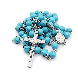 TumiLuben 8mm Turquoise Necklace Rosary Beads Catholic for Woman, Car Rosary for Rearview Mirror with Crucifix and Cross medal with Jerusalem in Gift Box (Carved Rose Metal Box)