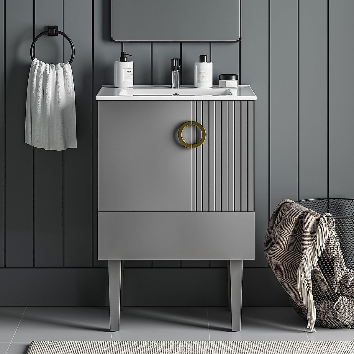 SSLine Free Standing 24-Inch Bathroom Vanity with Ceramic Sink Modern Small Bathroom Vanity with Top Basin and Storage Cabinet Floor Stand Wood Bath Vanity w/Gold Handles for Small Space(Grey)