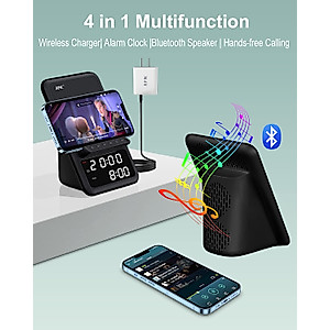 AFK Wireless Charging Station with Bluetooth Speaker and Alarm Clock, 4 in 1 Wireless Charger Compatible with iPhone15 14 13 12 11 Pro Max Series,Samsung Series and Other Android Phones(Black)