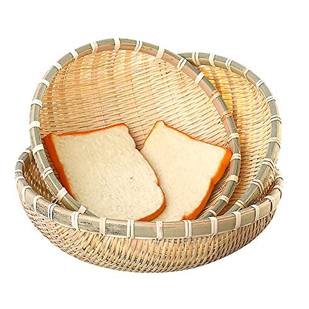 Cedilis 3 Pack Bamboo Basket Tray, Wicker Bread Basket, 100% Natural Handmade Woven Fruit Basket, U Shape Holder Flat Shallow Vegetables Serving Basket, Stackable, 10Inch, 11Inch, 12Inch