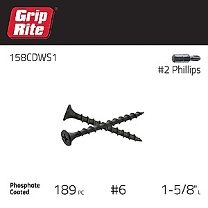 Grip Rite 158CDWS1 1-5/8-Inch 6 Coarse Thread Drywall Screw with Bugle Head, 1 Pound, Black, 200 Count