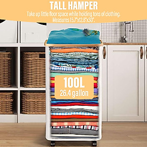 100L Laundry Hamper With Wheels,Large Collapsible Rolling Laundry Basket,Dirty Clothes Hamper With Lid in Laundry Room Bedroom Bathroom College Dorm for Adults,Beige