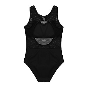 Yeeye Big Girls Mesh Splice Keyhole Cutout Clasp Back Ballet Dance Leotard Dancewear Athletic Tank Tops Black 14