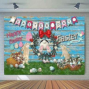 EMTOBT 7x5ft Easter Day Theme Backdrop Rustic Blue Wooden Wall Background Bunny Rabbit Colorful Eggs Grass Baby Kids Portrait Party Decor Banner Photo Booth Studio Photography Props BJFNEM0037