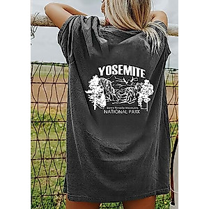 CSDAJIO Women's Letter Print Mushroom Shirt Oversized Graphic Tee Crewneck Short Sleeve T Shirt Back Yosemi Grey X-Large